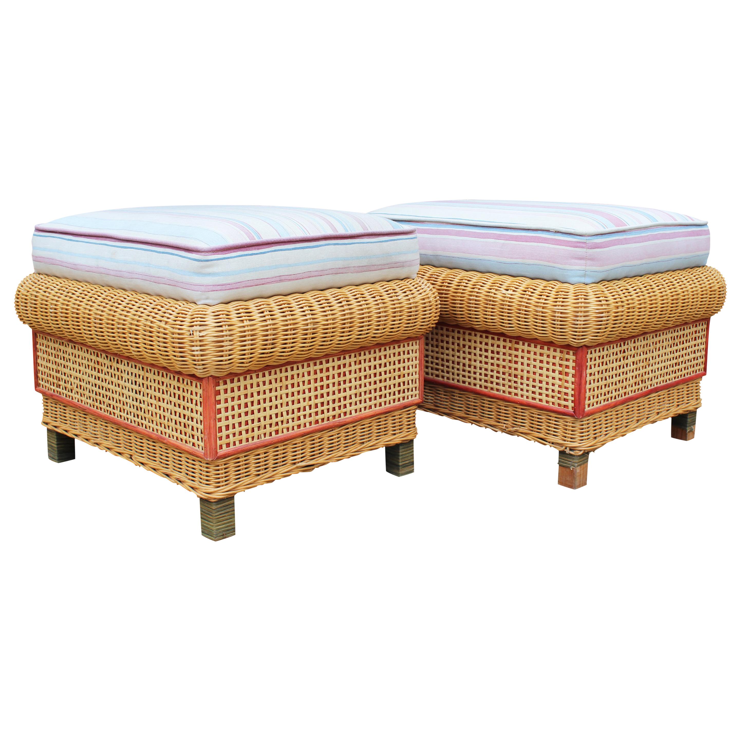 1980s Pair of Spanish Handcrafted Rattan and Wicker Puffs at 1stDibs