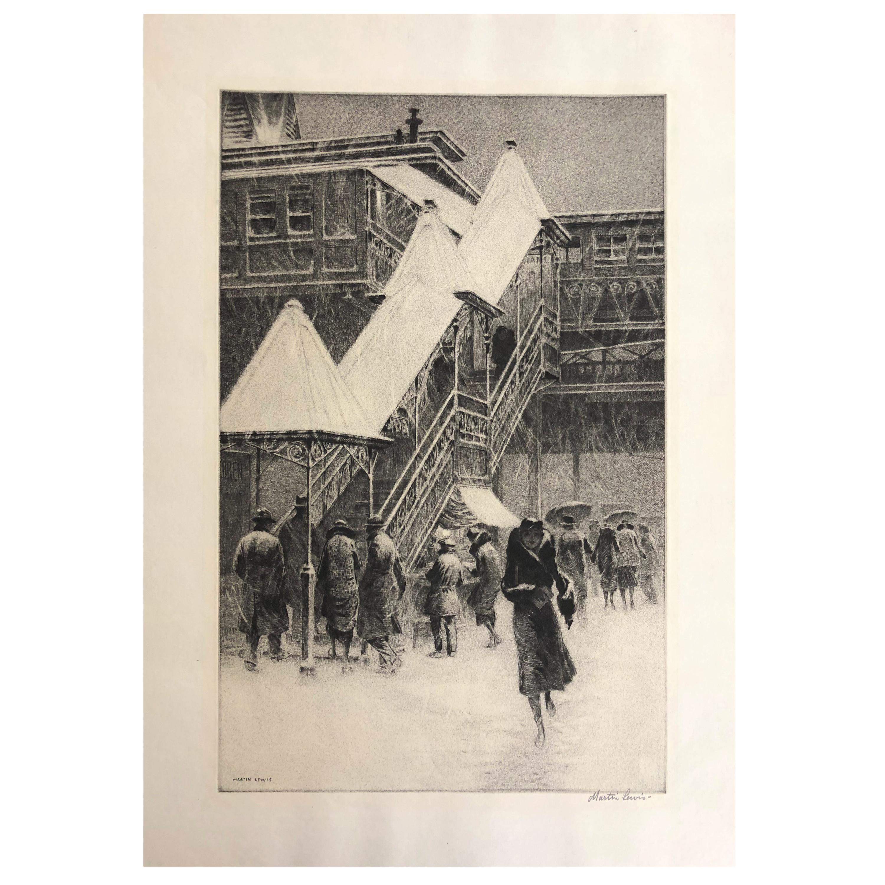 Martin Lewis, Snow on the El, 1931, Dry Point For Sale at 1stDibs