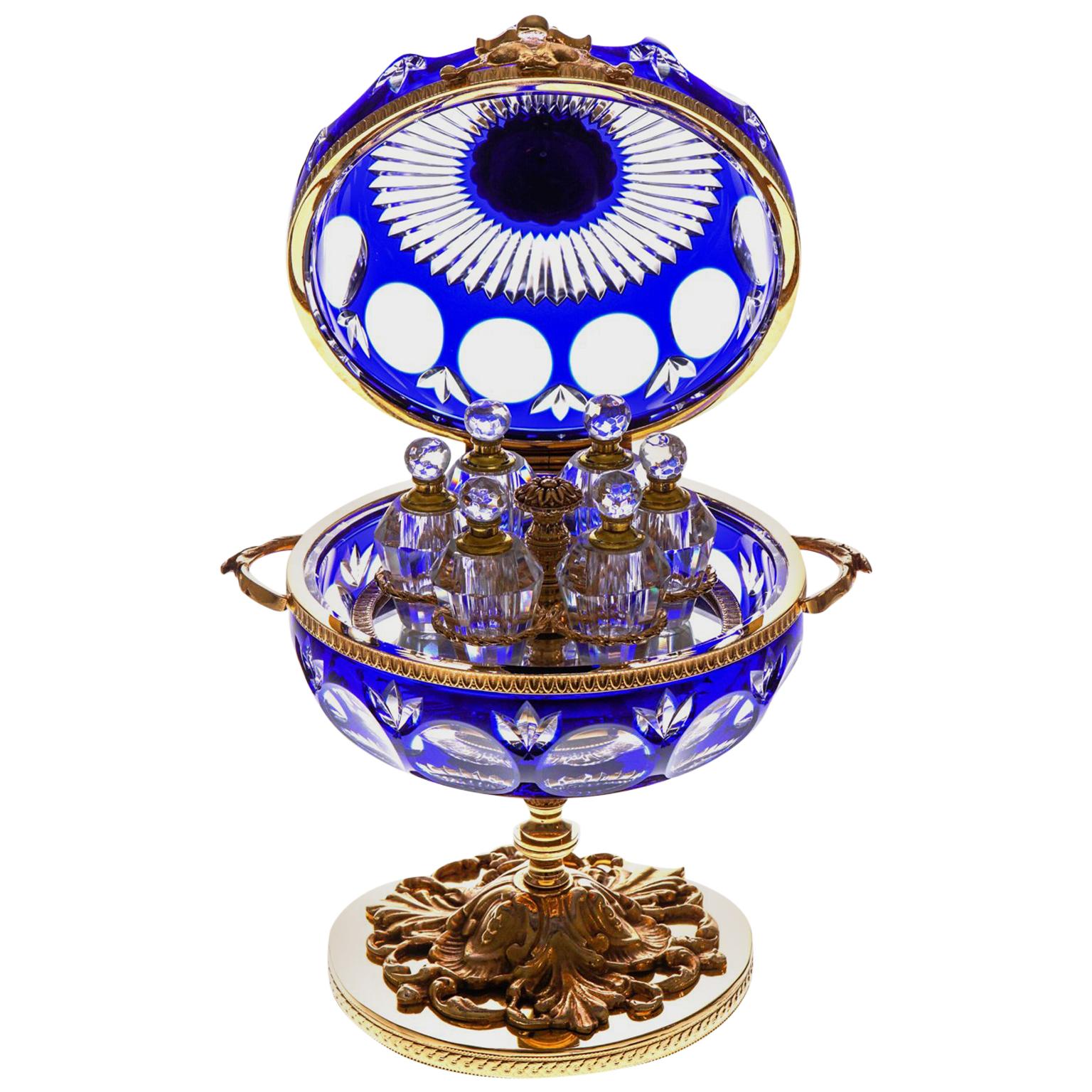 Blue Crystal Perfume Cave with 6 Perfume Bottles and Bronze Covered 22 ...