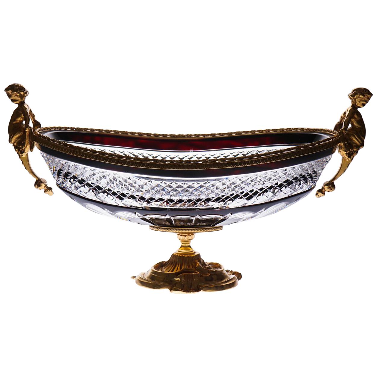 Red Crystal Vase with Bronze Gold Covered and Marble For Sale at 1stDibs