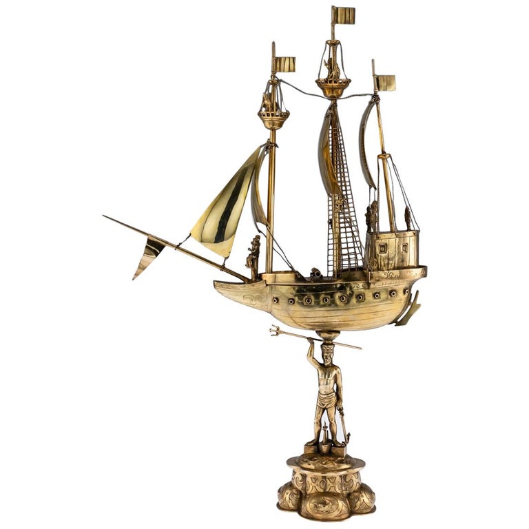 Antique German Solid Silver-Gilt Impressive Figurative Neff Ship, circa ...
