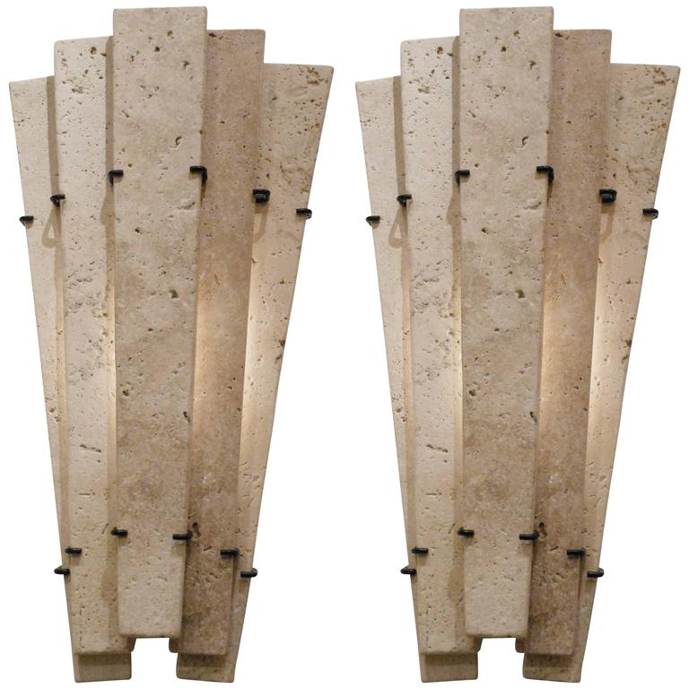 Pair of Large French Modern Travertine Sconces For Sale at 1stDibs