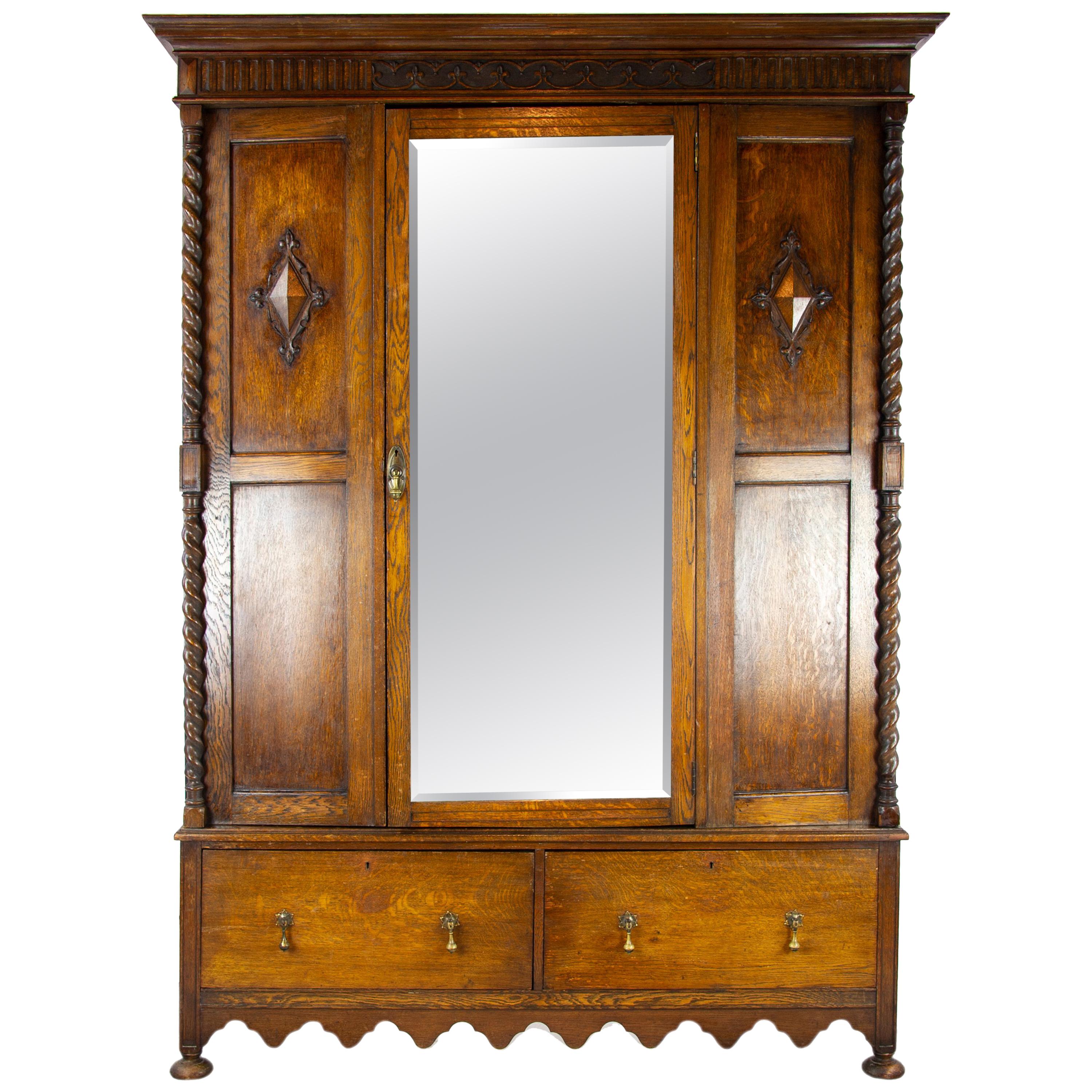 Antique Wardrobe, Carved Oak Armoire, Barley Twist, Scotland, 1910 at ...