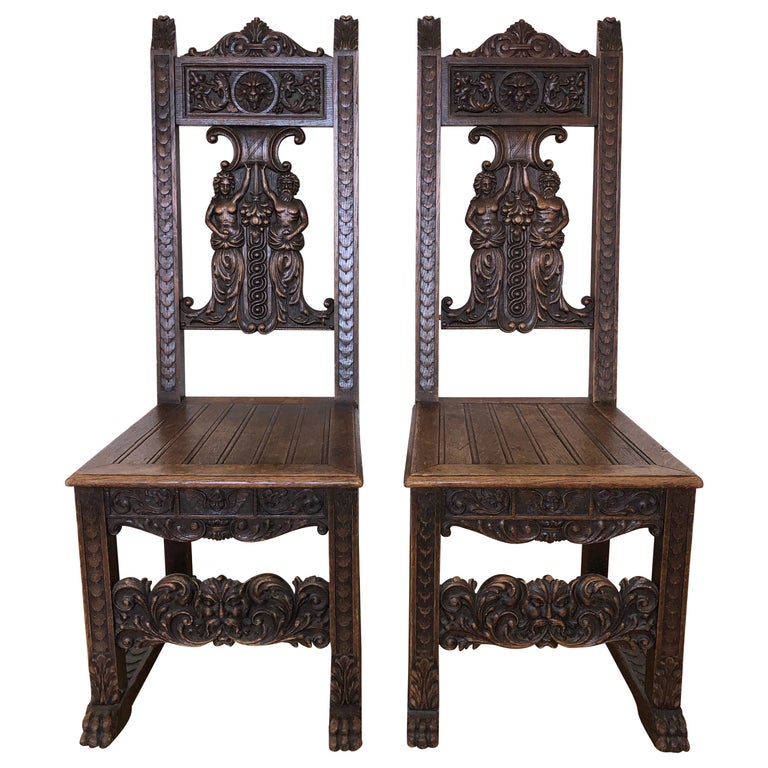 SALE Pair of Rustic Carved Wood Renaissance Style Italian Side Chairs ...