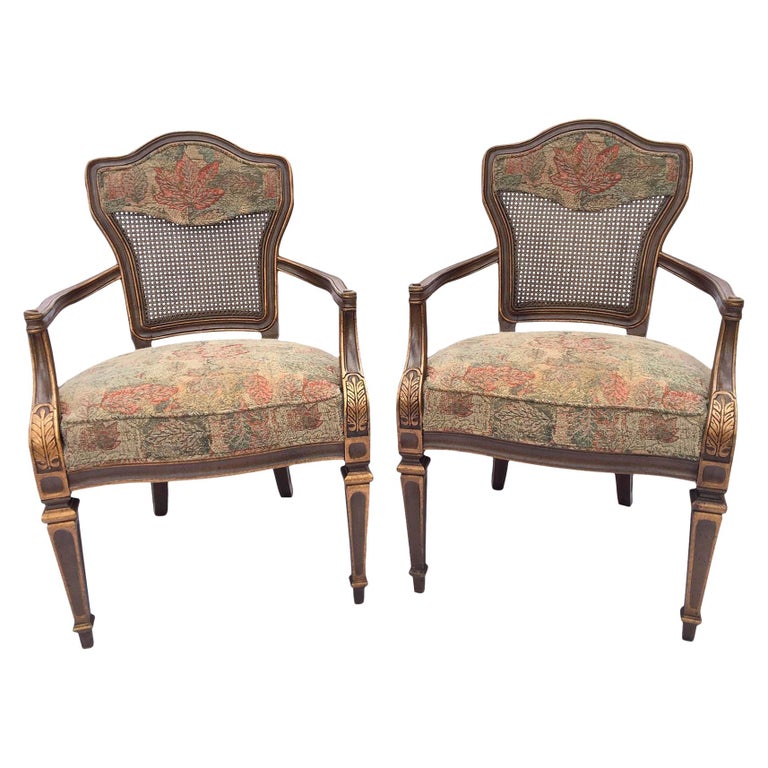 Heritage Cane Back Floral Tapestry Arm Chairs For Sale at 1stDibs