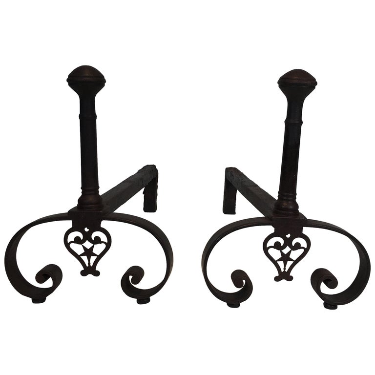 Pair of Forged Wrought Iron Fire Dogs, Gothic Style, French, 18th ...