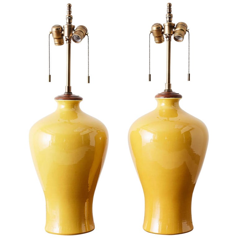 Pair of Chinese Citron Yellow Porcelain Vase Lamps at 1stDibs