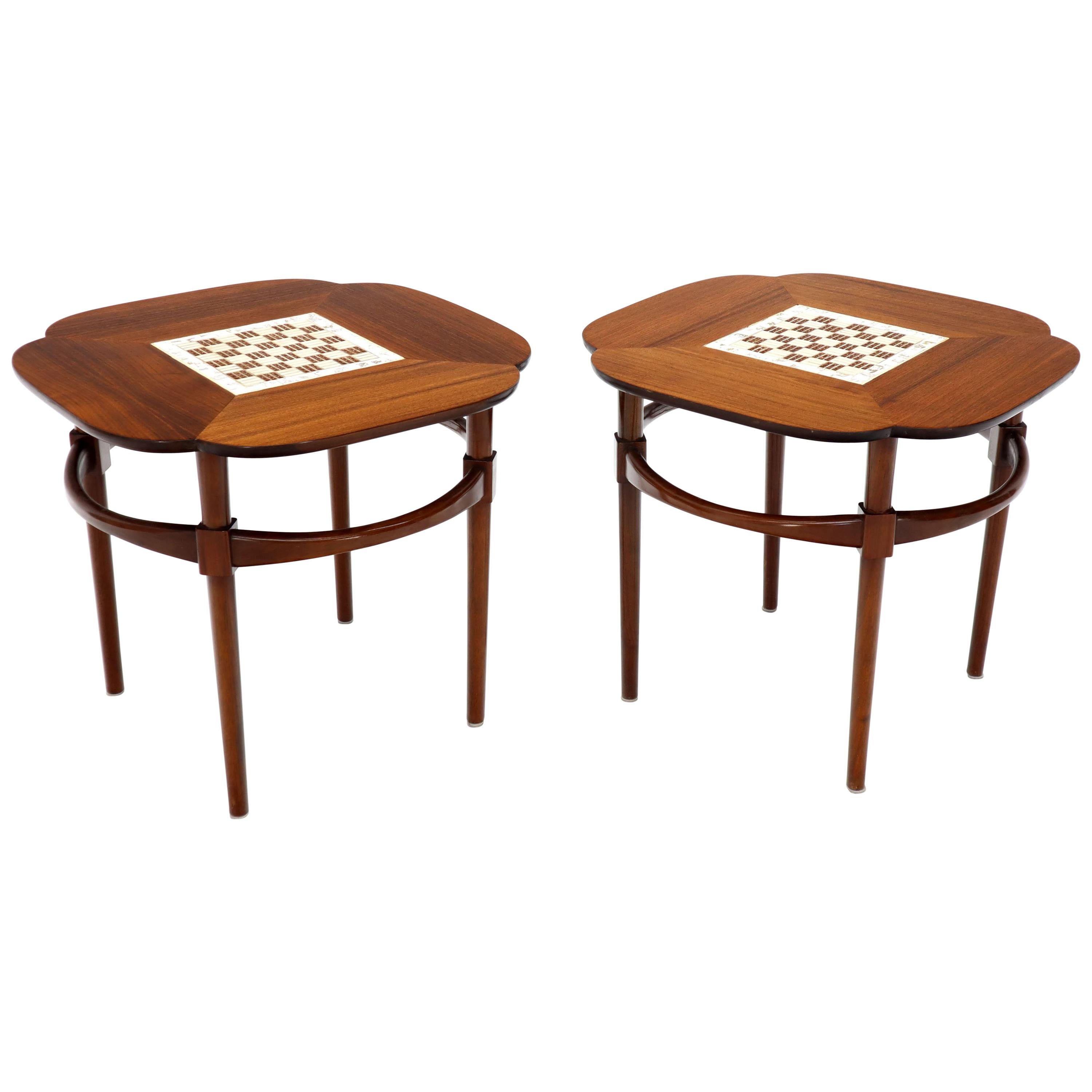 Pair of Clover Shape Tile and Walnut Top Round End Side Occasional ...