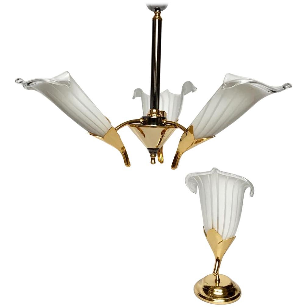 Vintage Italian Murano Glass Chandelier and Table Lamp by Franco Luce ...