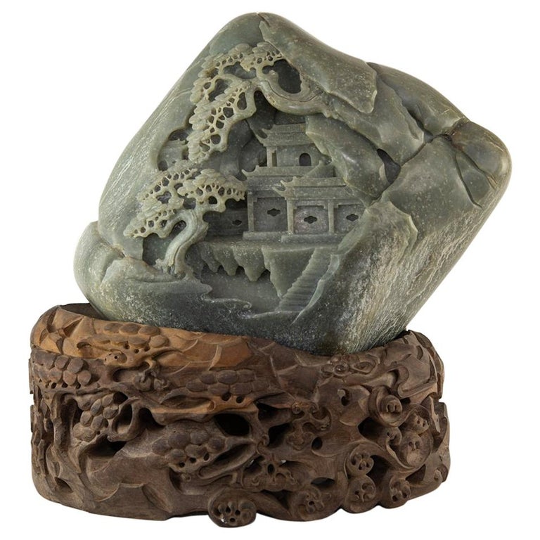 Large Chinese Jade Boulder Double Sided Carving For Sale at 1stDibs