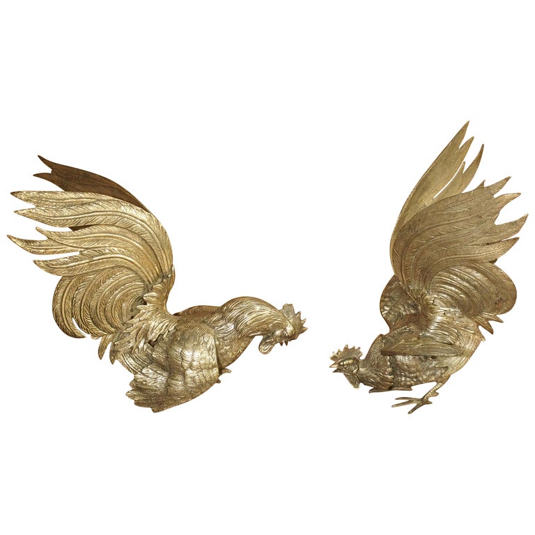 Pair of Antique Silvered Fighting Birds at 1stDibs
