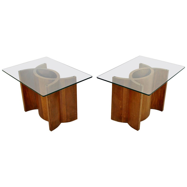 Mid-Century Modern Pair Sculptural Wood Glass Side End Tables at 1stDibs