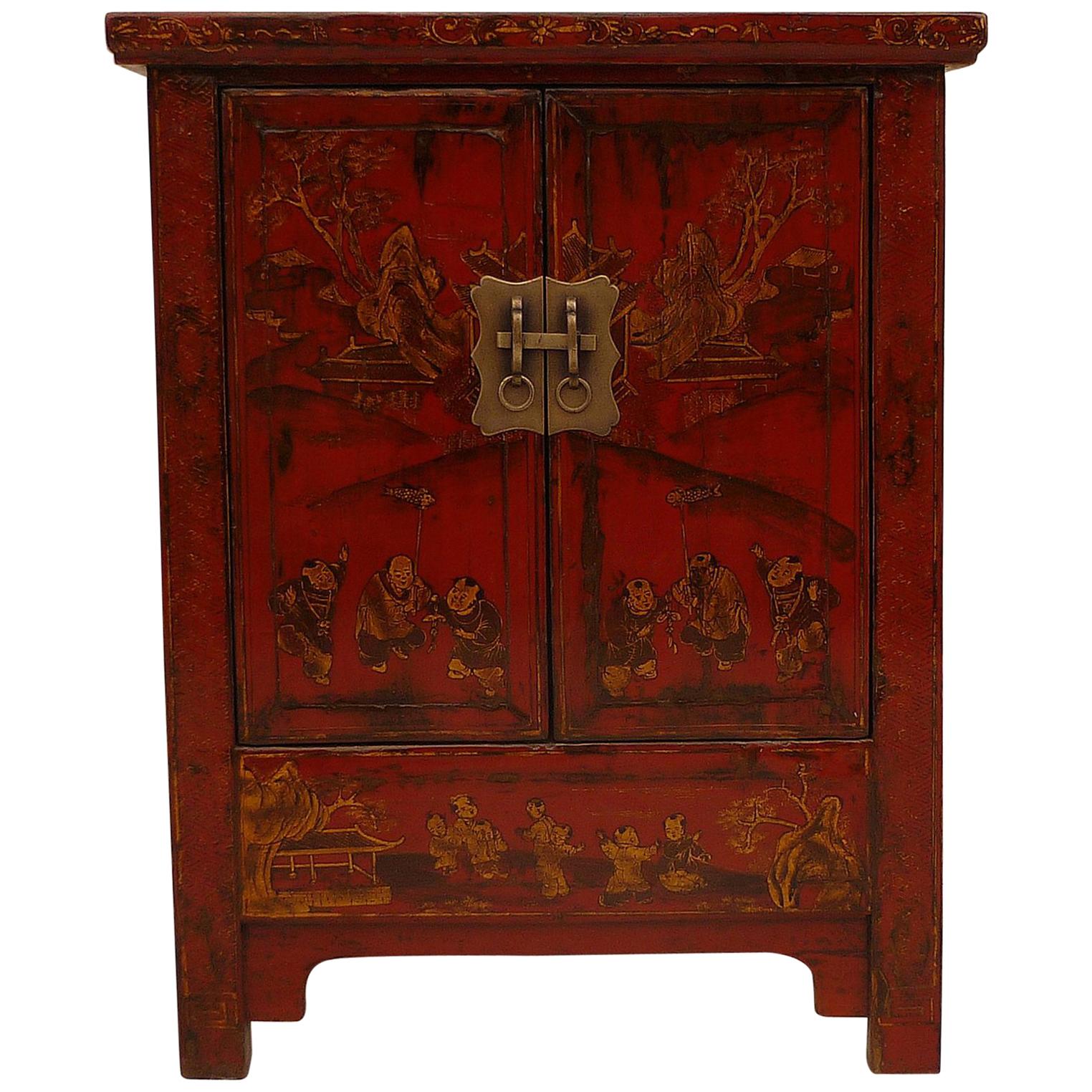 Red Lacquer Chest with Gilt Motif Design at 1stDibs