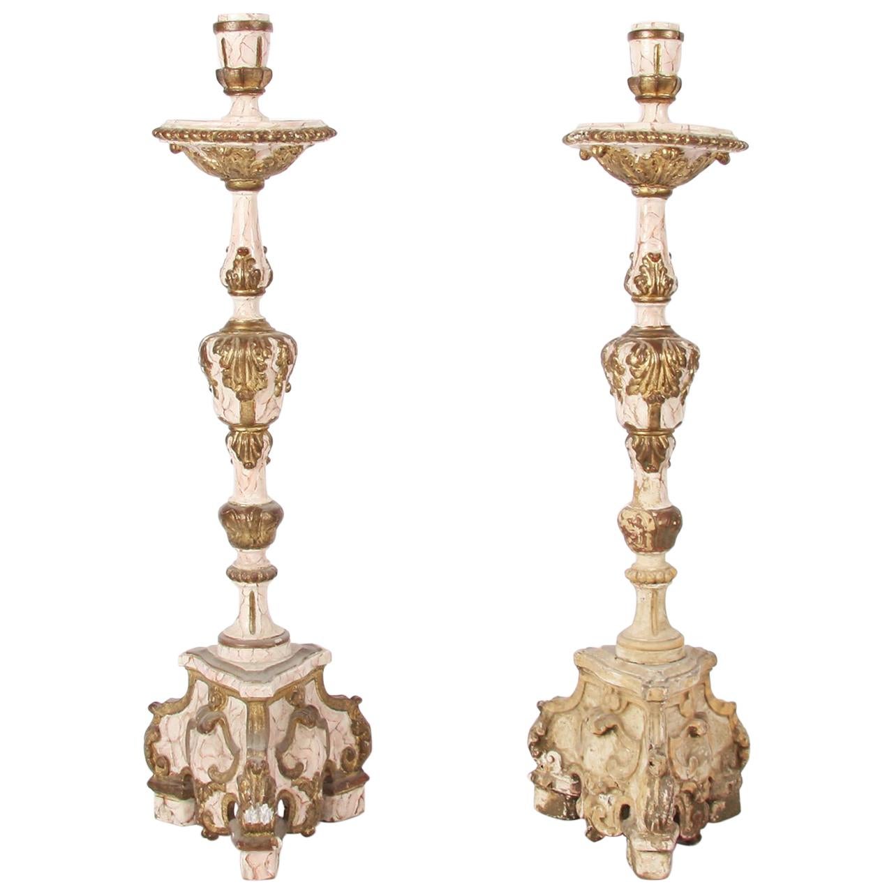 19 Century Carved Wood Cream and Gold Altar Candlesticks at 1stDibs