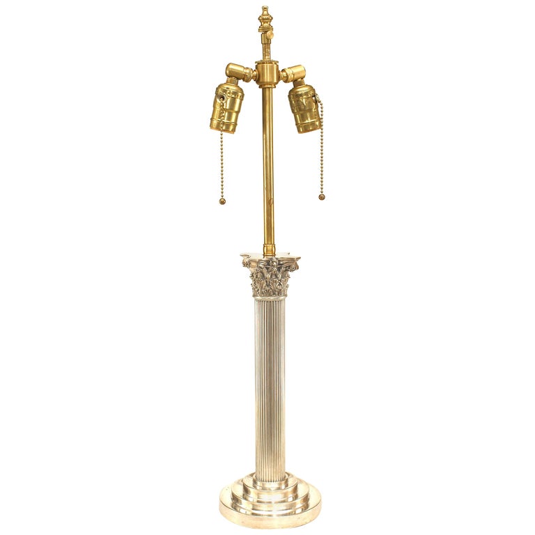English Adam Style Silver Plate Column Table Lamp For Sale at 1stDibs