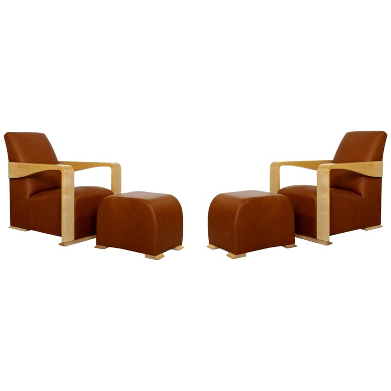 Art Deco Style Pair of Hugues Chevalier Leather Lounge Armchairs ...
