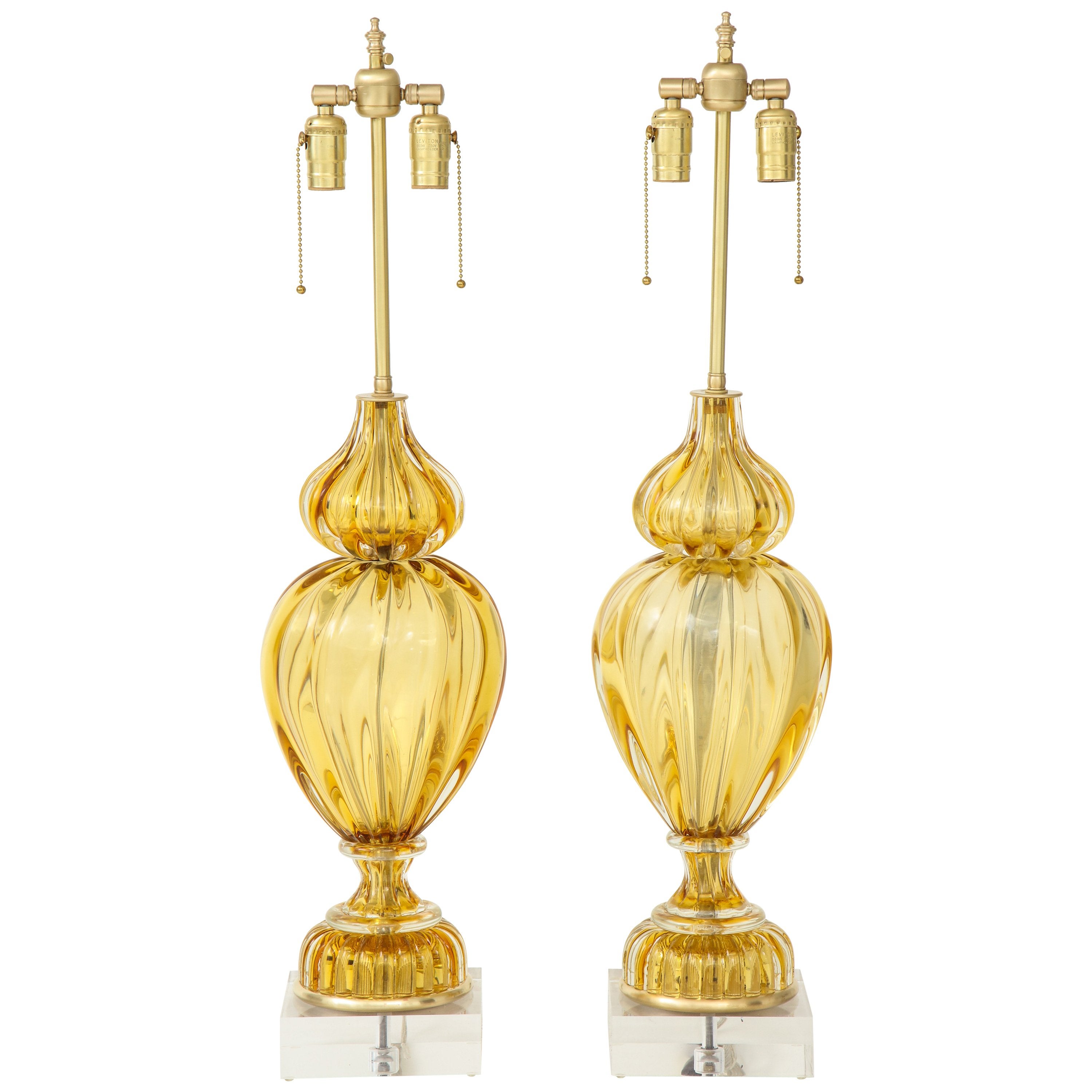 Pair of Golden Amber Murano Lamps by Marbro For Sale at 1stDibs