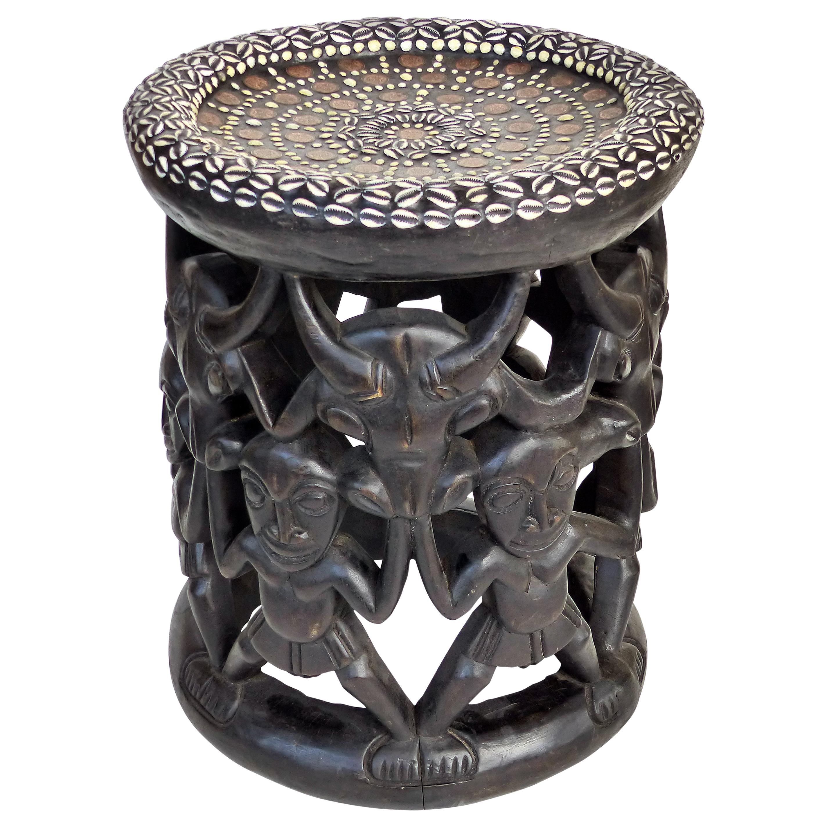 African Carved Side Table from Nigeria Embellished with Shells and ...