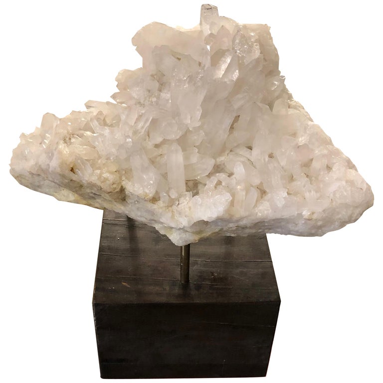 Large Rock Crystal Cluster on Brass and Wood Plinth at 1stDibs