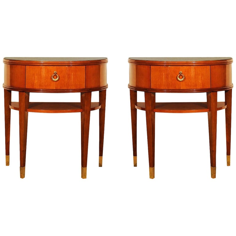 1940s Pair of Neoclassical Nightstands, Cherry Wood, Brass, Gray Glass ...