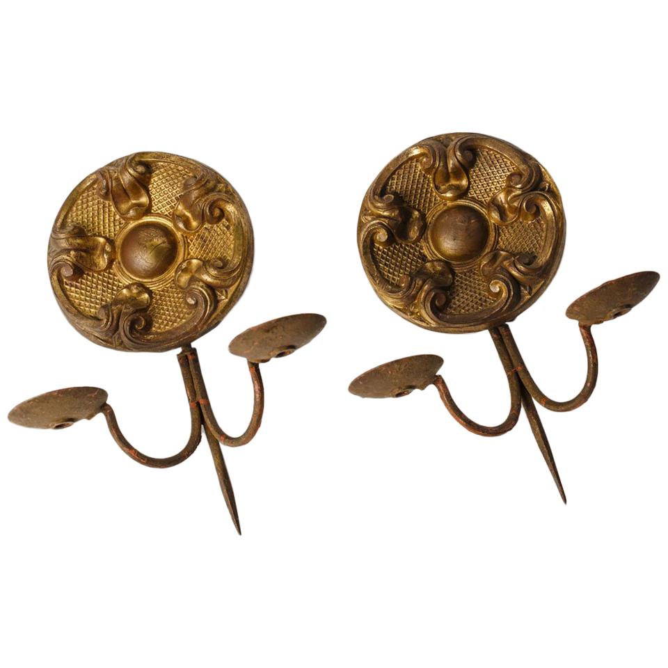 Pair of Repousse Brass Sconces with Custom Shades, circa 1920 For Sale ...