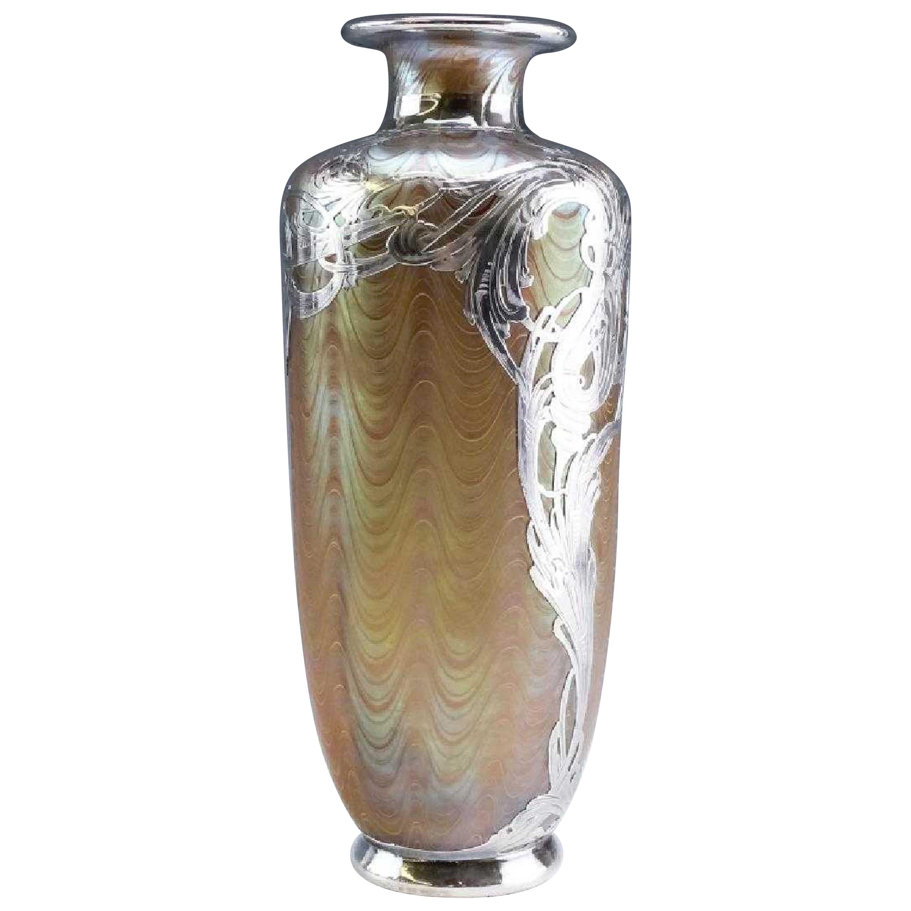 Loetz Phänomen Silver Overlay Vase, Engraved Loetz Austria For Sale at ...