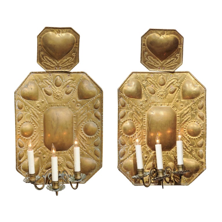 Pair of 18th Century Dutch Brass Sconces with Heart Decoration and 3 ...