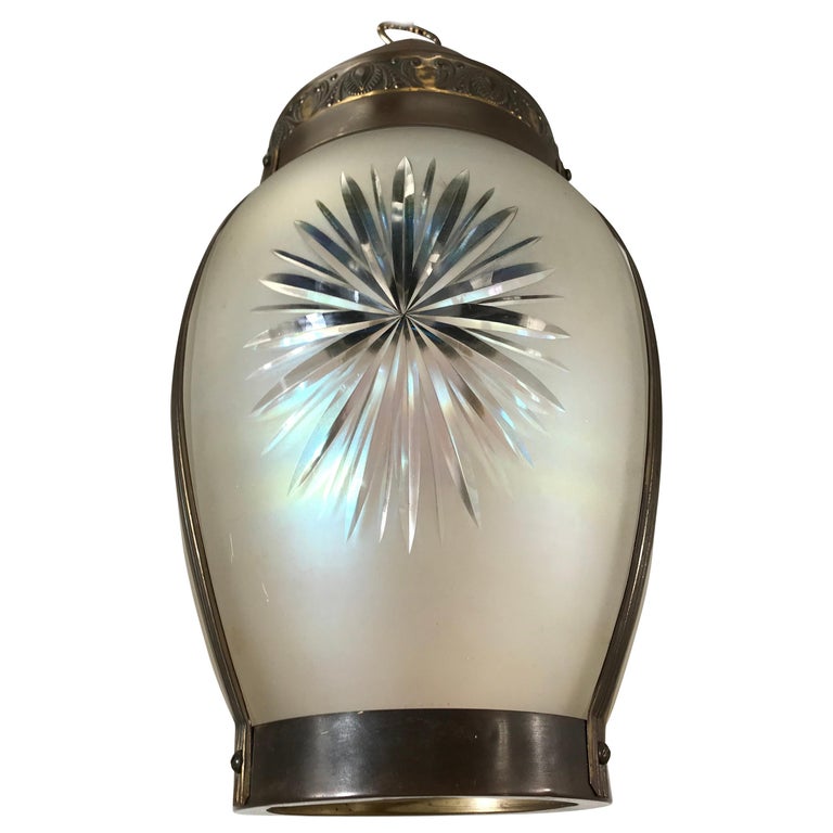 Mid Size Arts and Crafts Brass Hand Engraved Glass Hall Entry Pendant ...