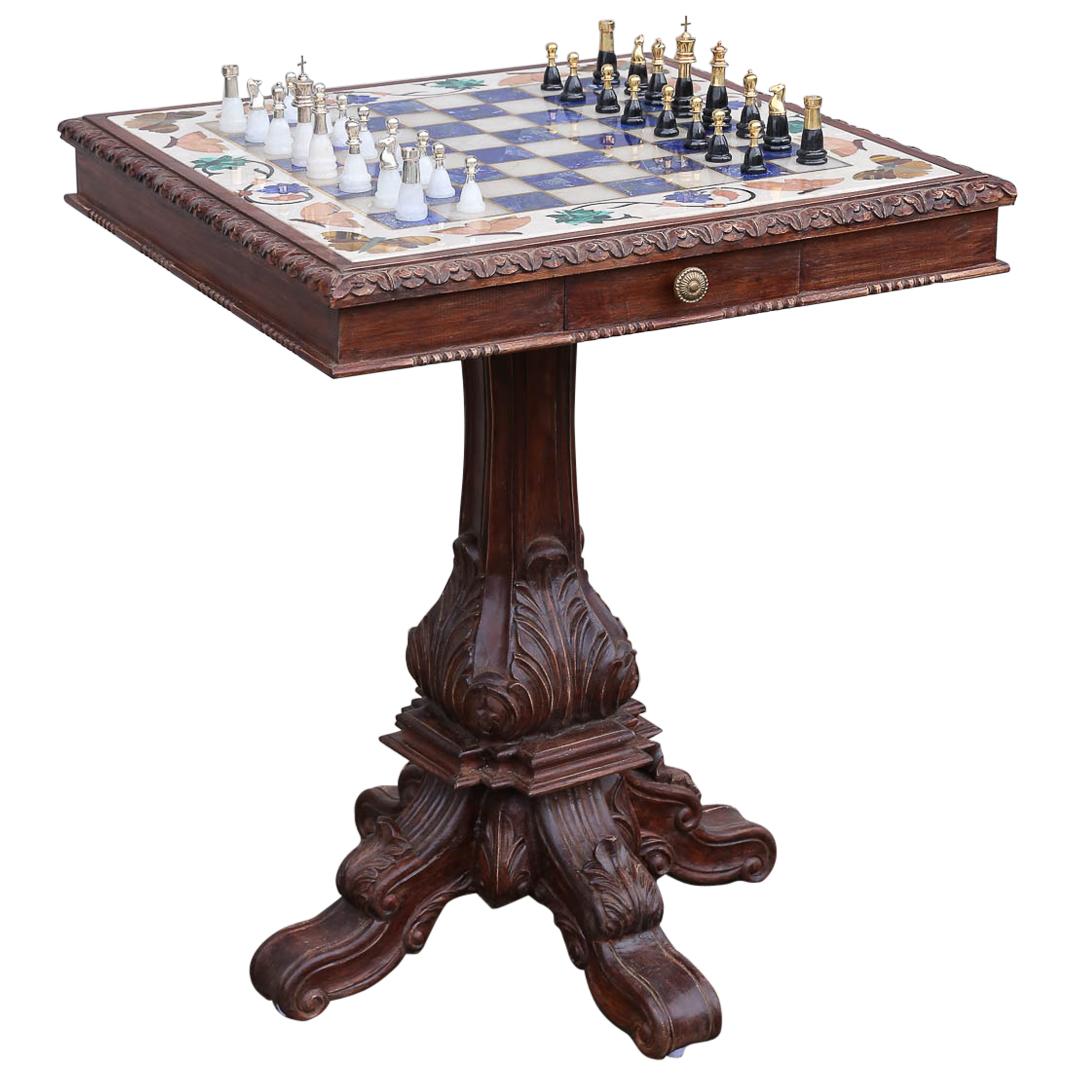 Marble Chess Table Inlaid with Semiprecious Stones and with Silver ...