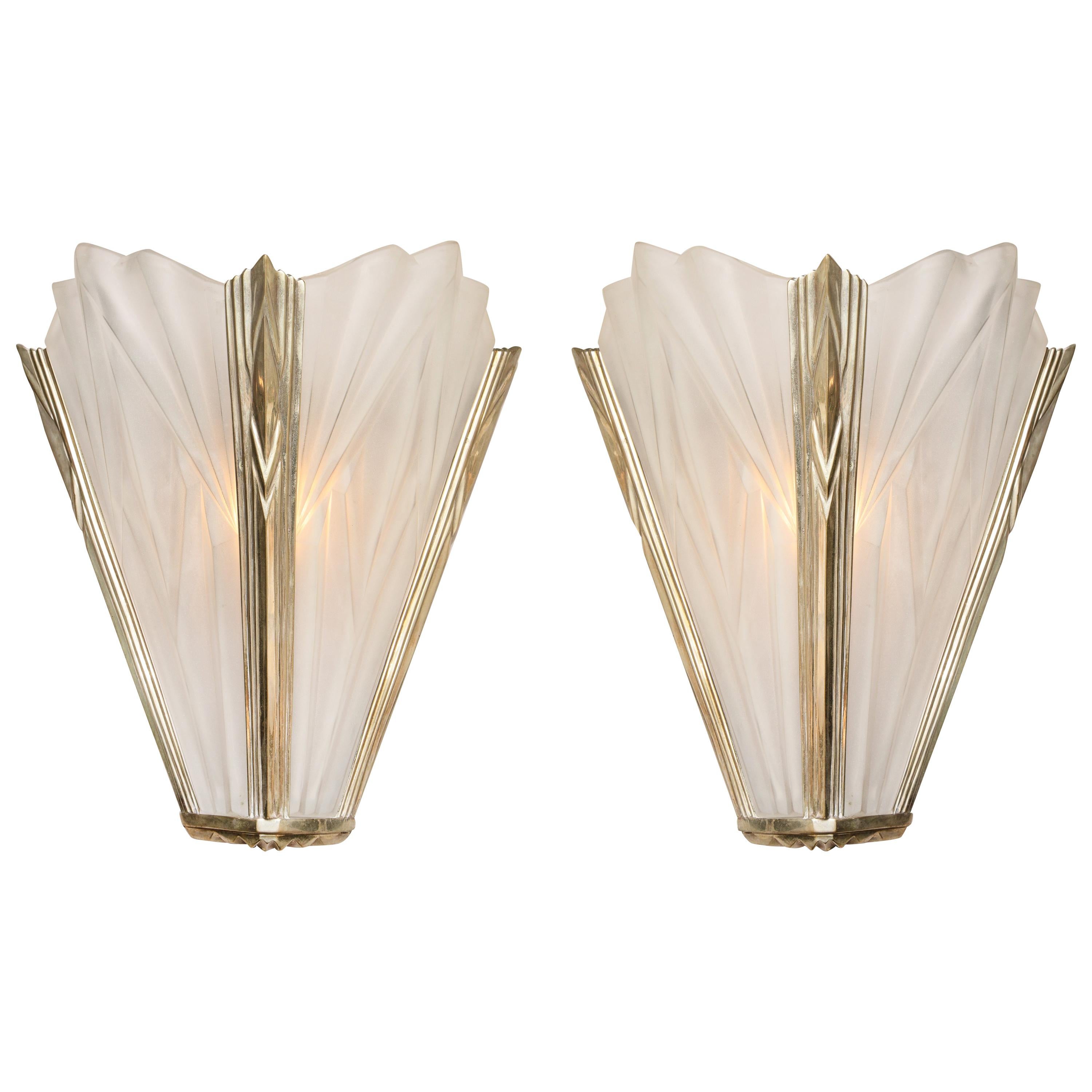 French Deco Frosted Geometric Glass Sconces at 1stDibs