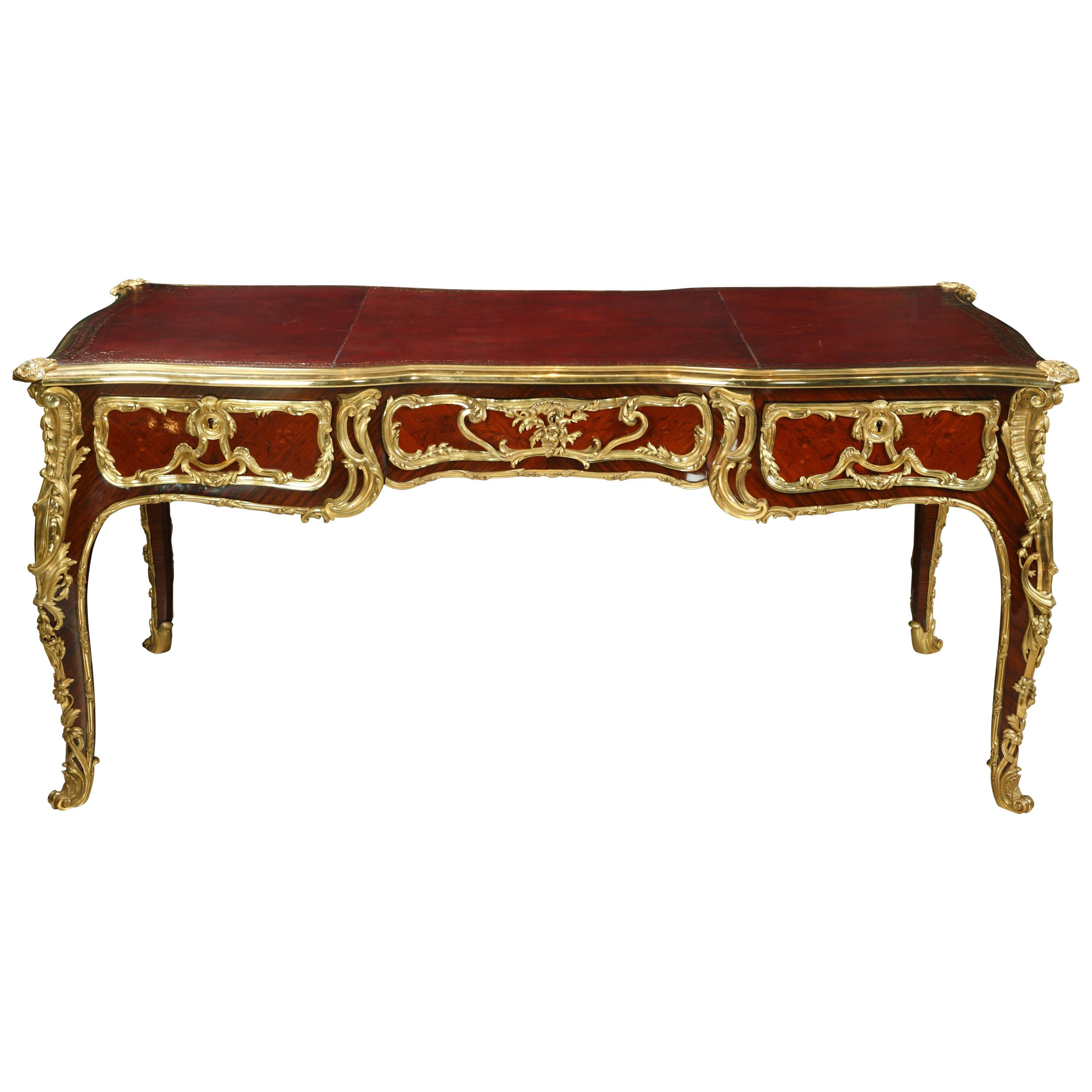 French Louis XV Style Gold Gilt Writing Desk with Marquetry Inlaid Top ...