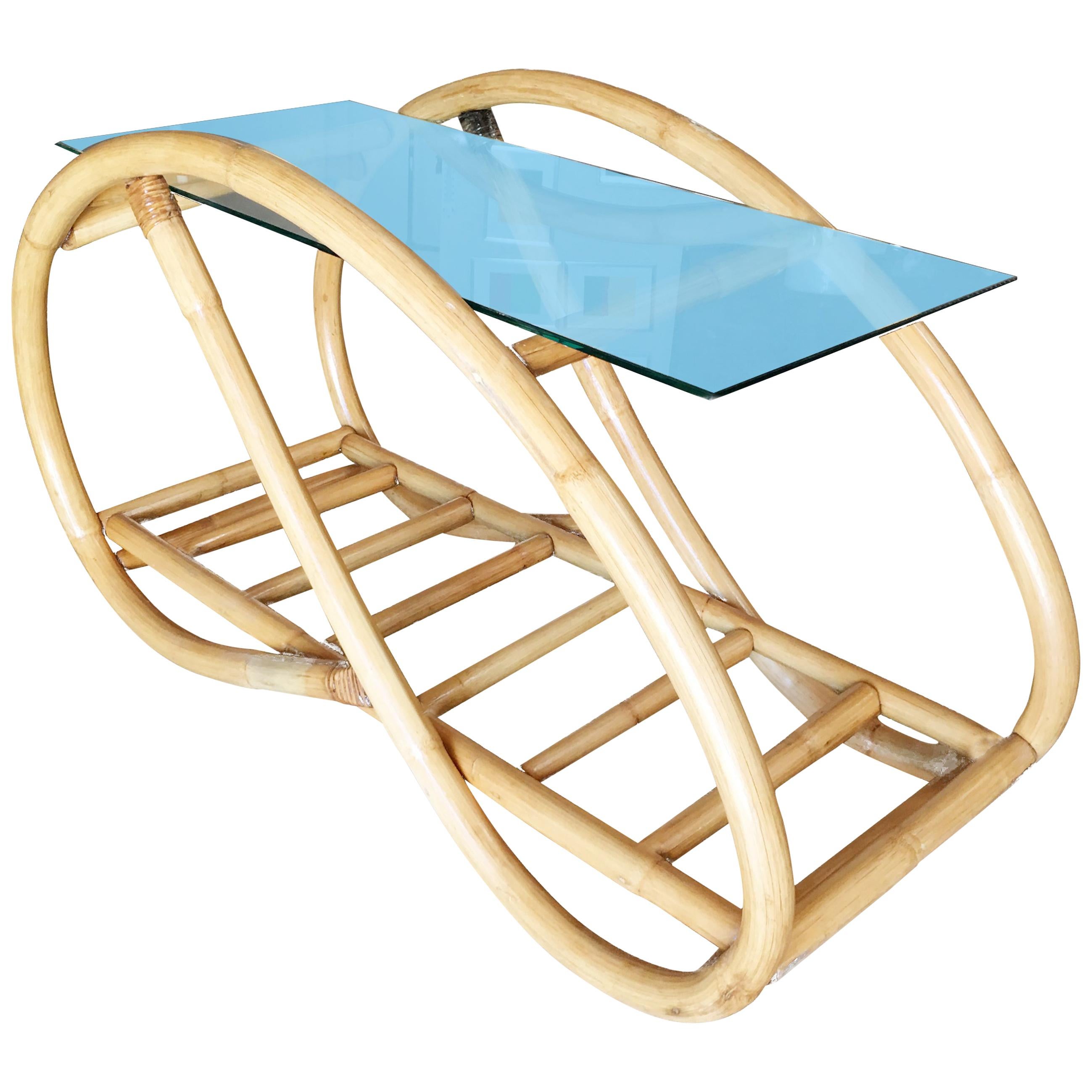 Restored Two-Tier "Swoop Arch" Rattan Side Table with Glass Top For ...