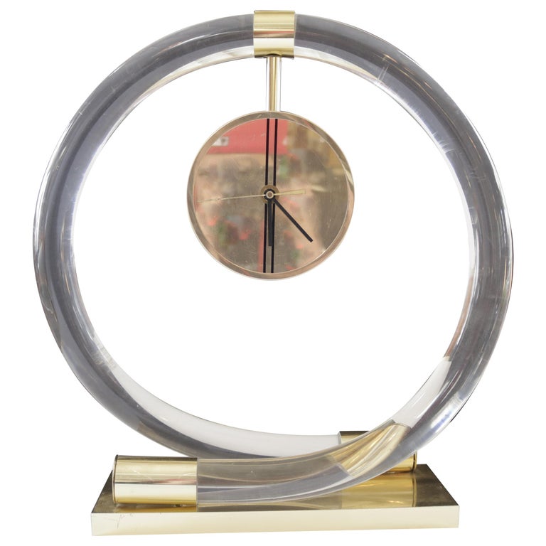 Circular Lucite and Brass Clock by Dorothy Thorpe For Sale at 1stDibs