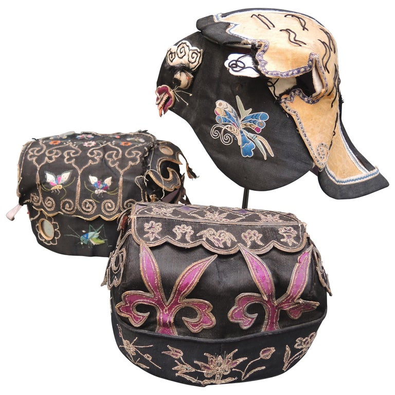 Three Antique Chinese Embroidered Silk Children's Festival Hats For ...