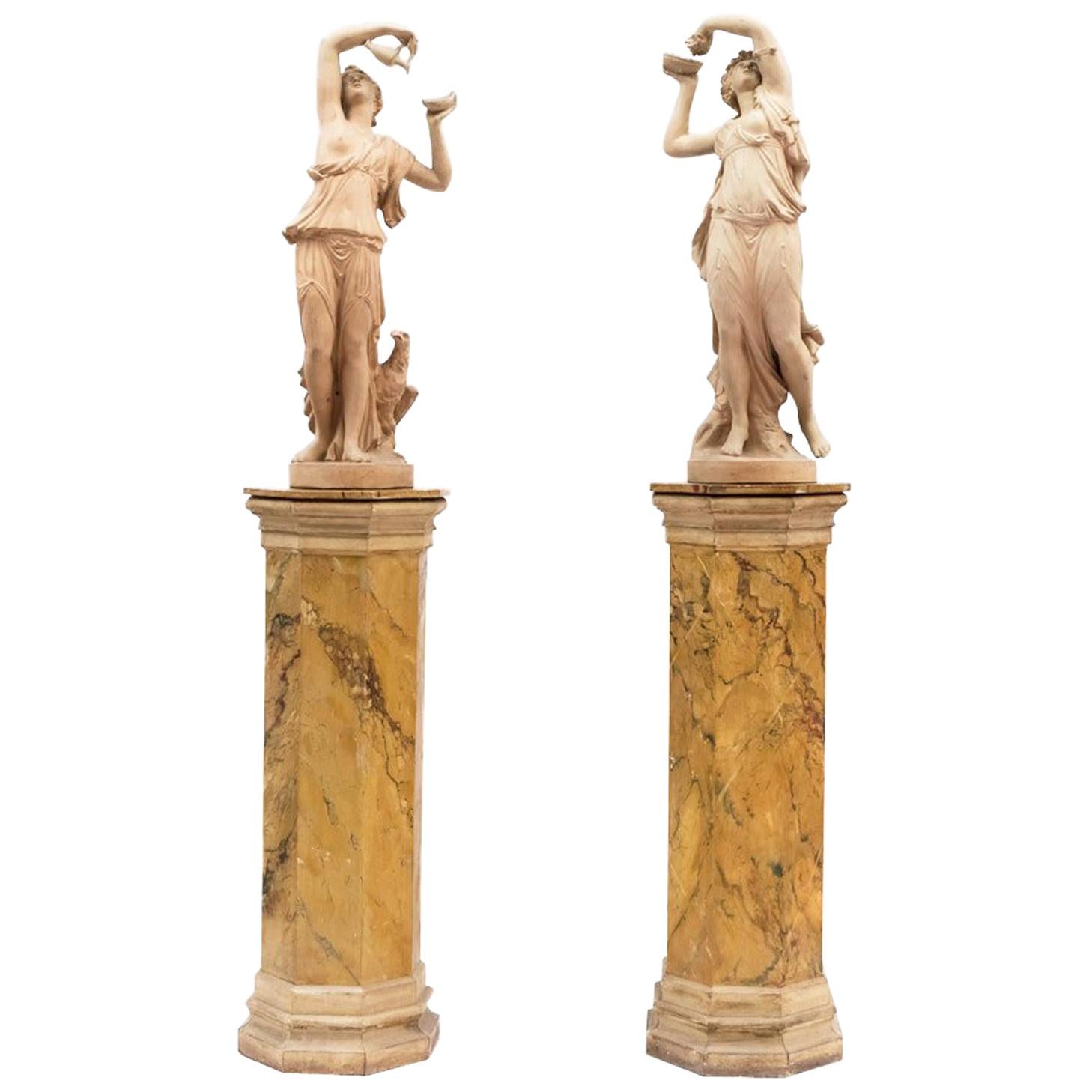 Pair of Nymphs Sculptures on Columns in Painted Ceramic, 1880-1905 at ...