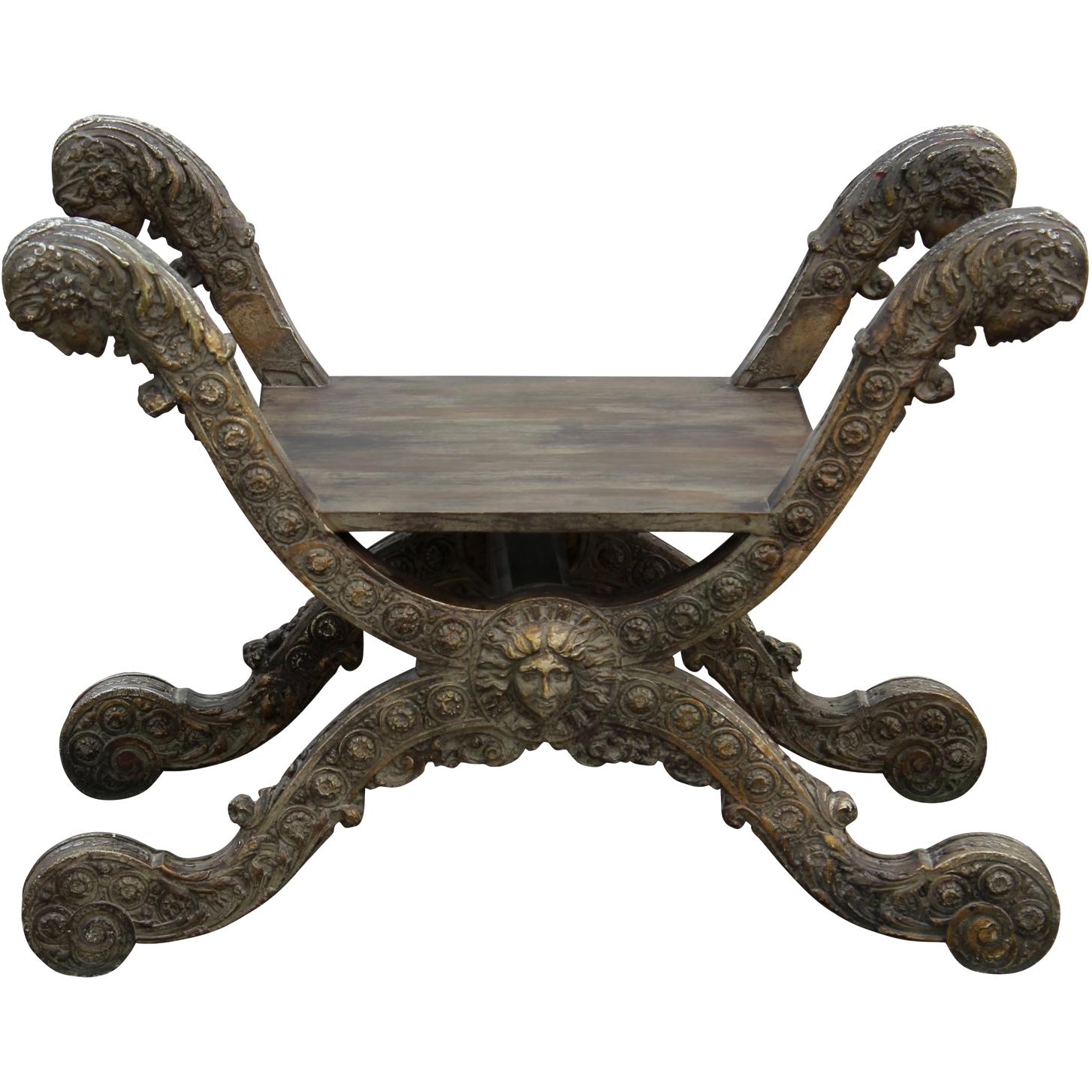 French Renaissance Style Curule Resin and Wood Stool or Bench at ...
