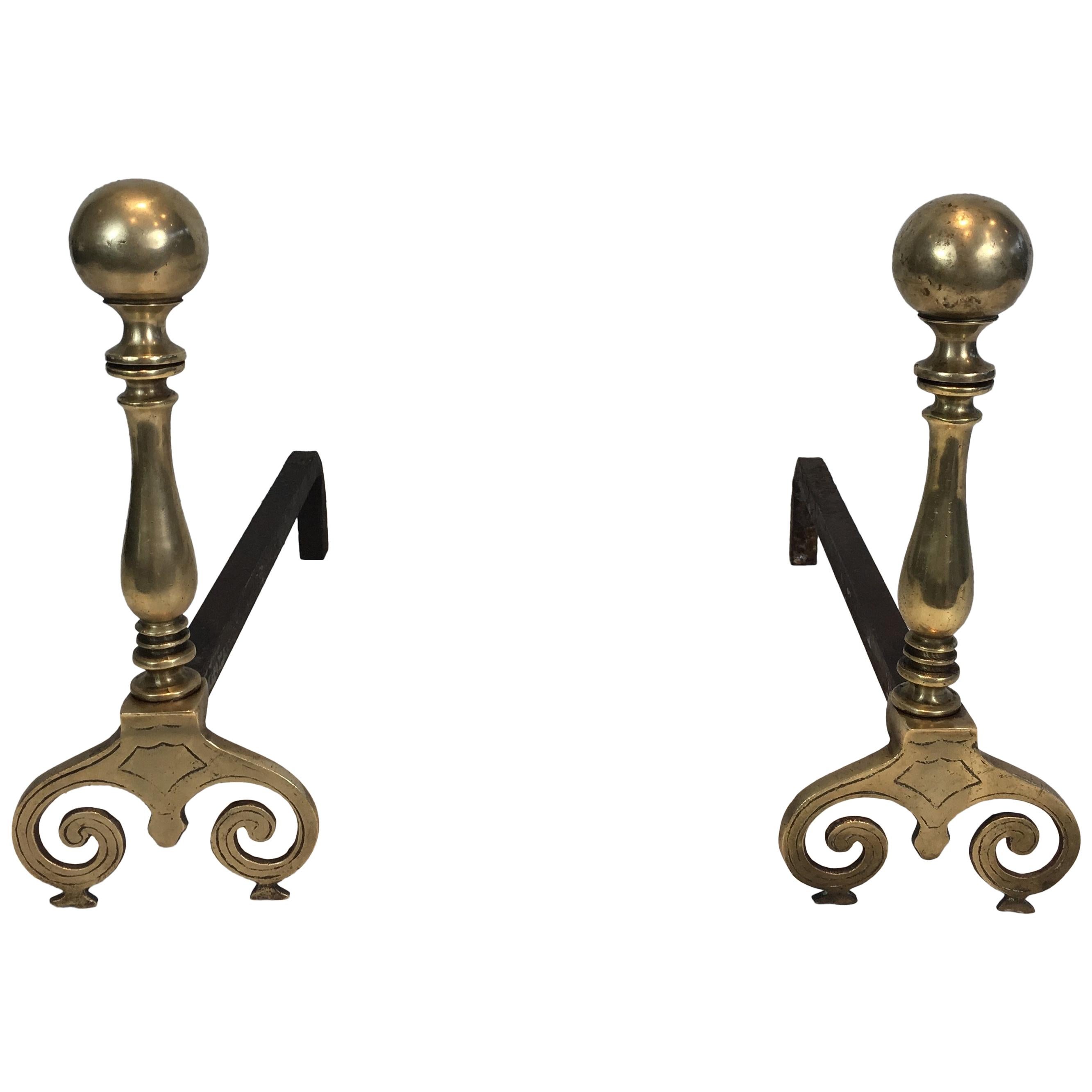 Pair of Brass and Wrought Iron "The Sun King" Andirons, 18th Century ...