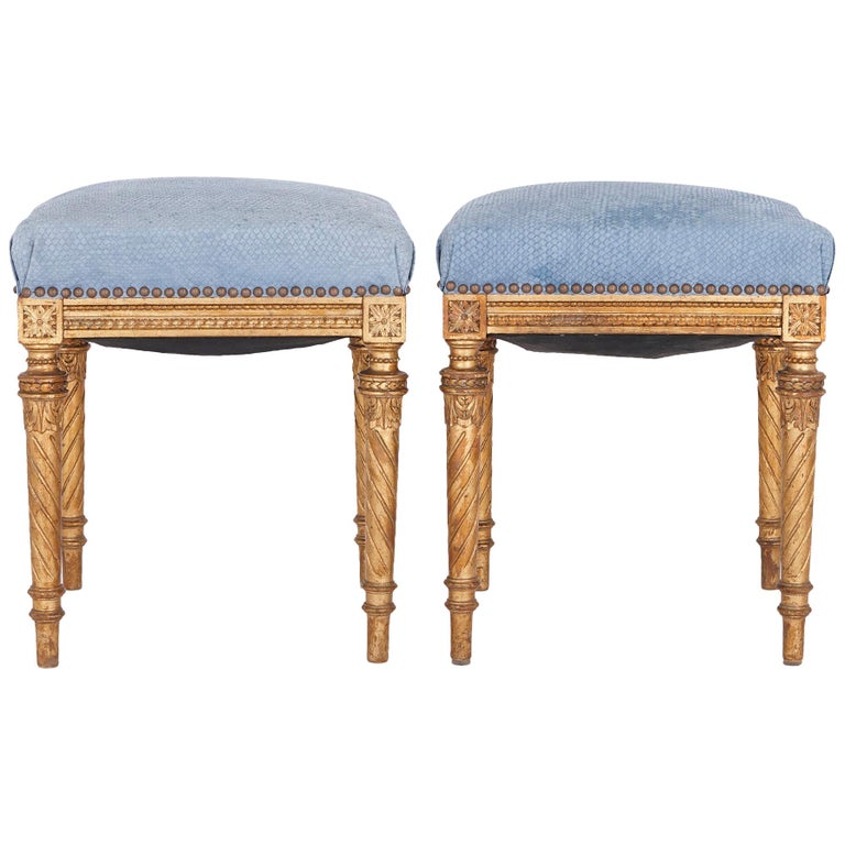 Pair of Neoclassical Style Upholstered Giltwood Stools For Sale at 1stdibs