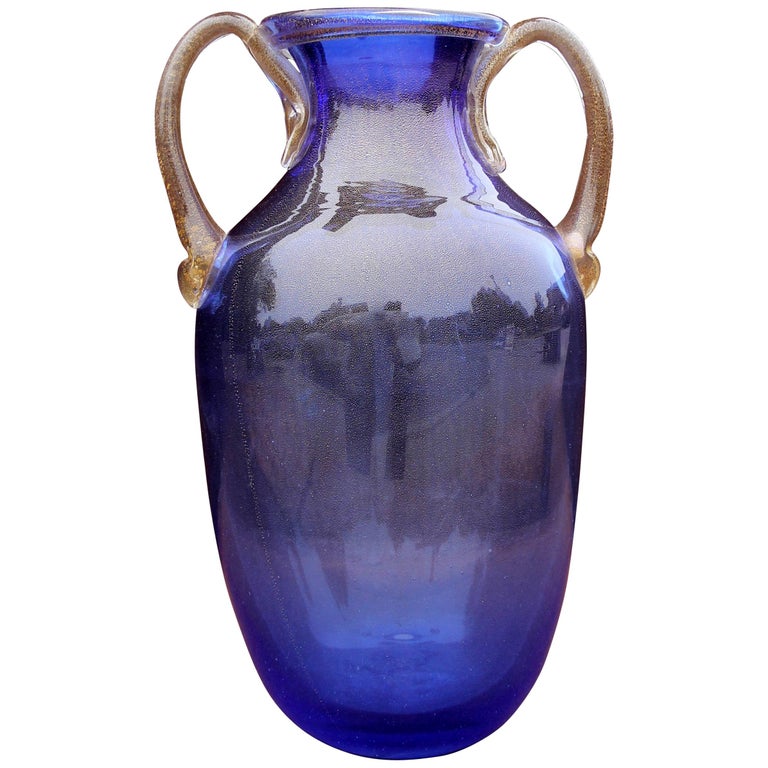 Murano Blue Glass Two Handle Vase For Sale at 1stDibs