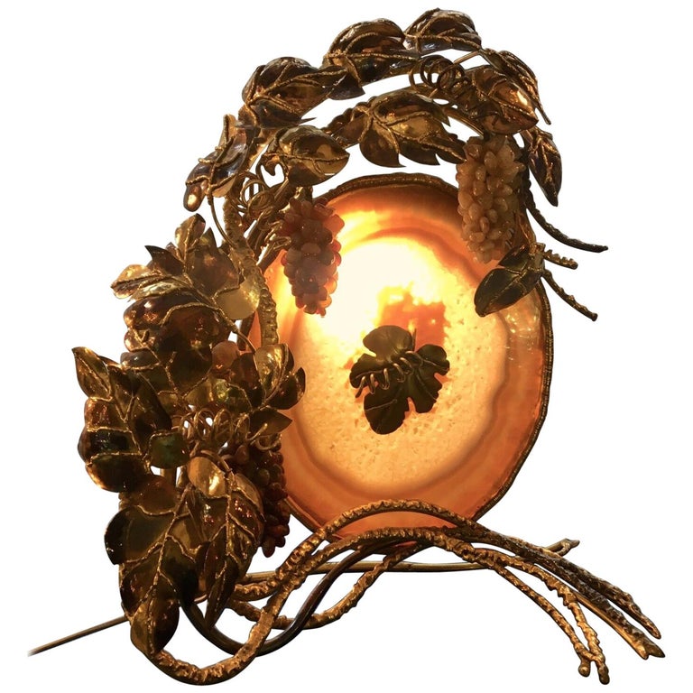 Richard Faure Mineral Lamp with Sculptural Brass Leaves and Grapes ...