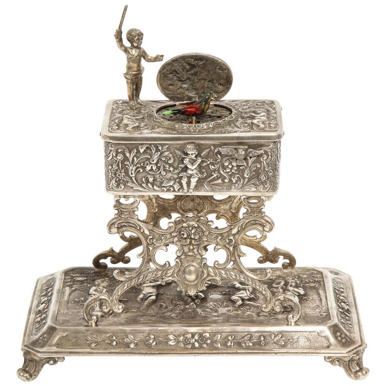 German Sterling Silver Automaton Singing Bird Box with Key at 1stDibs
