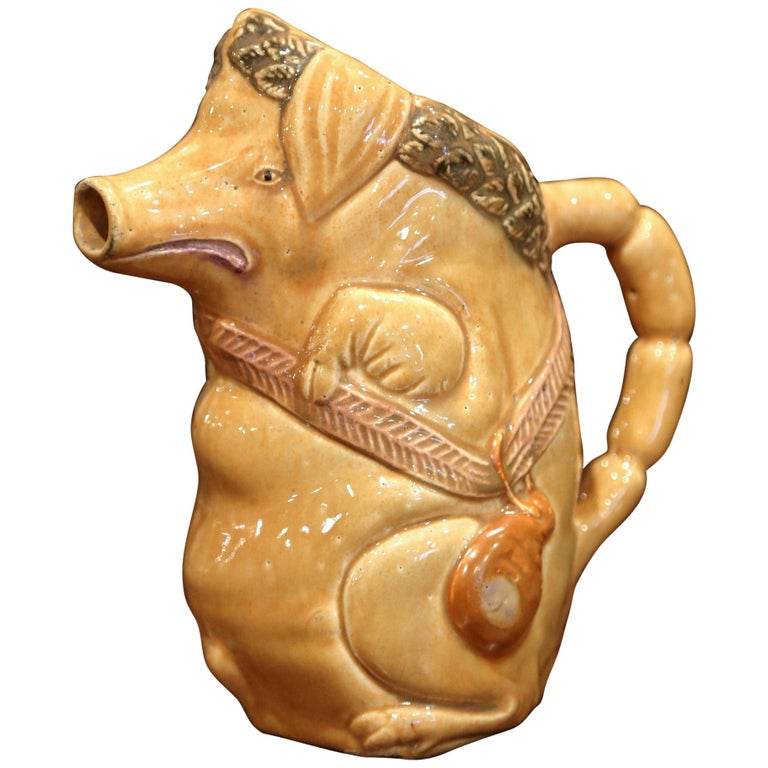 19th Century French Hand Painted Ceramic Barbotine Pig Pitcher Onnaing ...