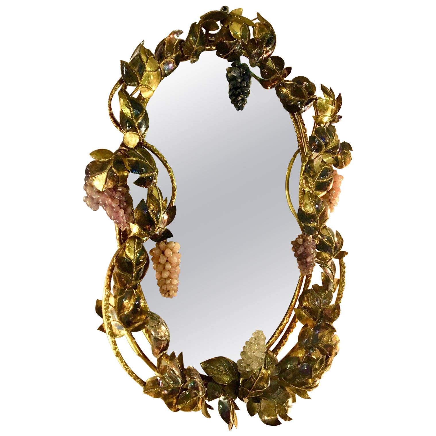 Richard Faure Wall Mirror with Sculptural Brass Leaves and Grapes Frame ...