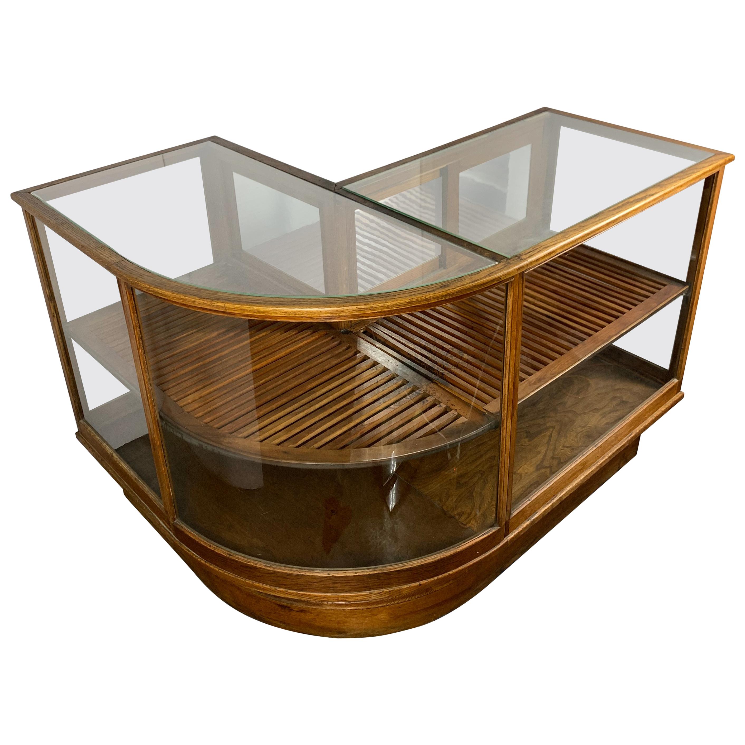 Early 20th Century Curved Corner Oak Two-Tier Display Cabinet at 1stDibs