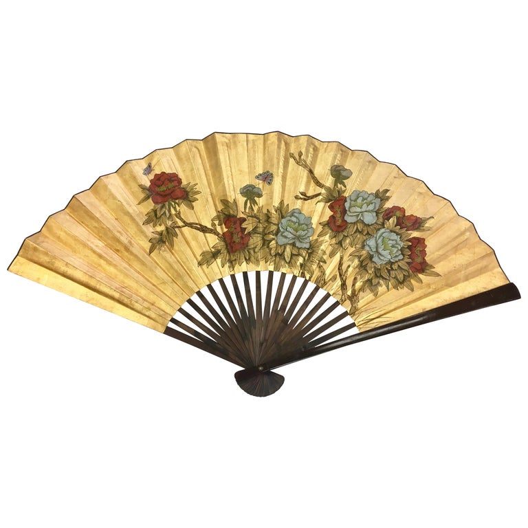 Monumental Extra Large Asian Chinese Gilt Hand Painted Folding Fan Art ...