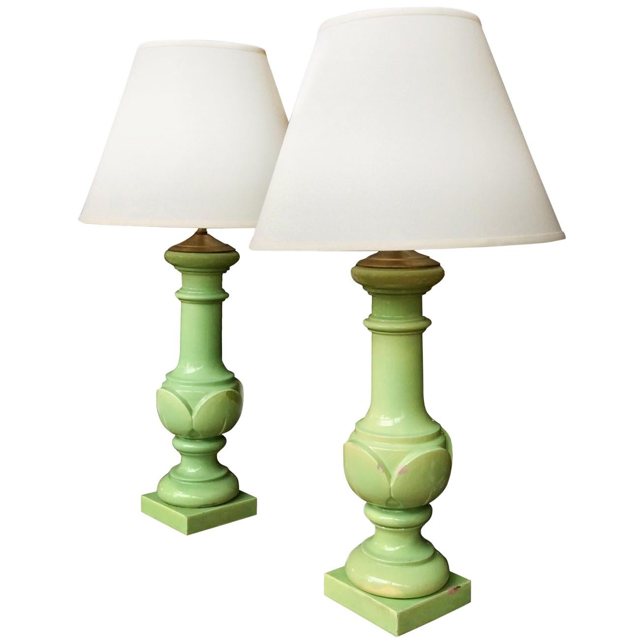 Pair of 1940s Green Ceramic Baluster Table Lamps at 1stDibs