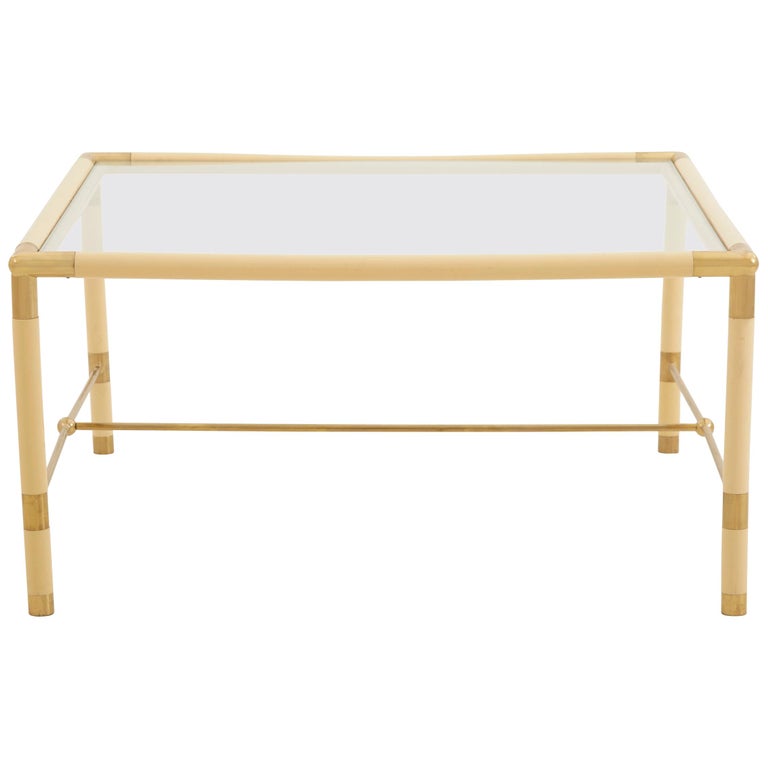 Cream-Colored Metal Square Table with Brass Details For Sale at 1stDibs