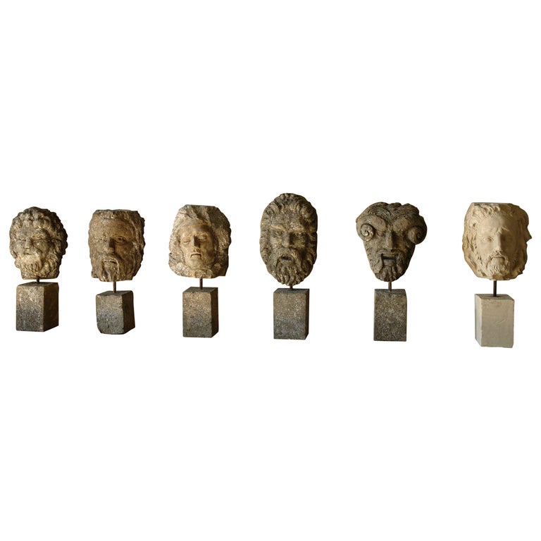 Collection of 6 Gods Head Statues Hand-Carved in Limestone, Late 20th ...