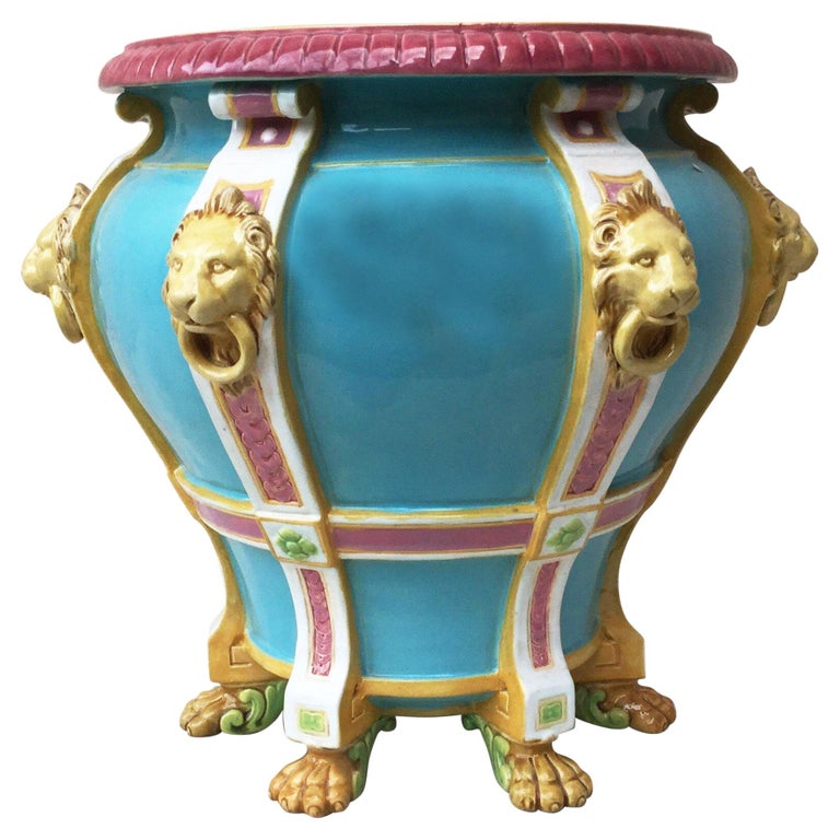19th Century Turquoise Minton Majolica Lions Jardiniere For Sale at 1stDibs