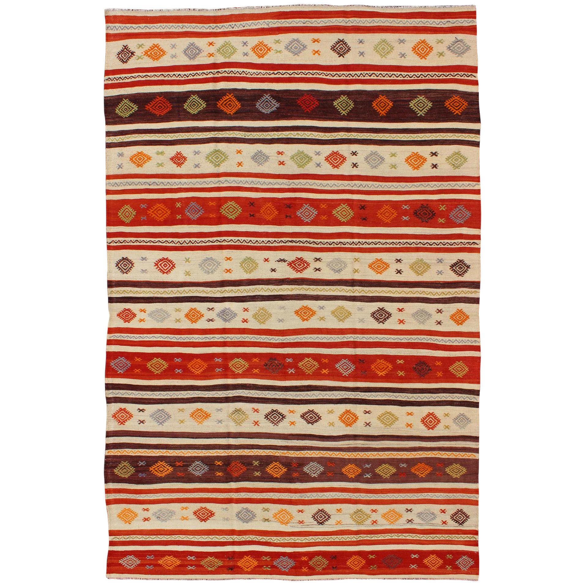 Colorful Striped Kilim Runner, Cotton Flat-Weave Rug at 1stDibs